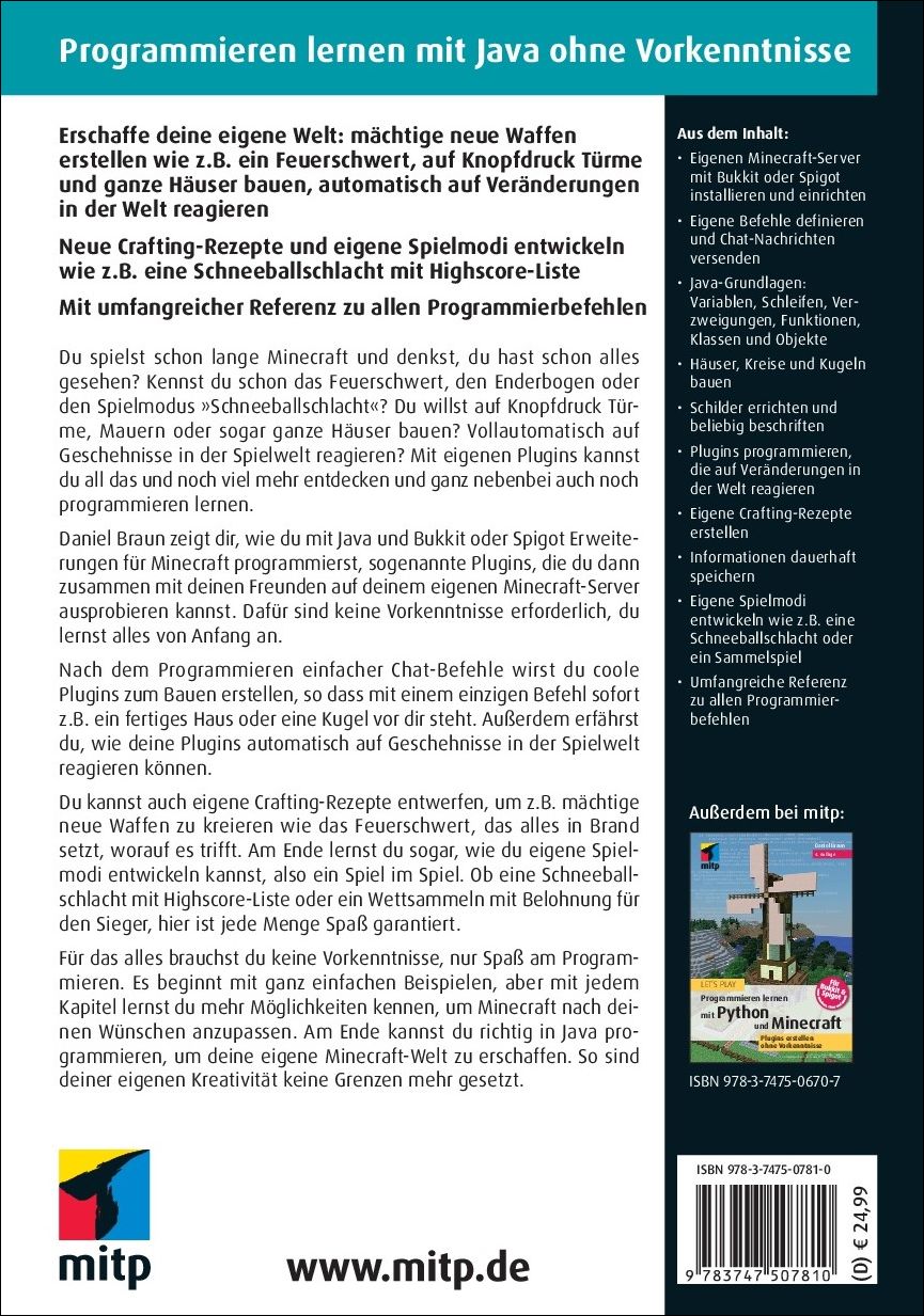 mitp-Verlag | Let's Play: Programmieren lernen mit Java und Minecraft